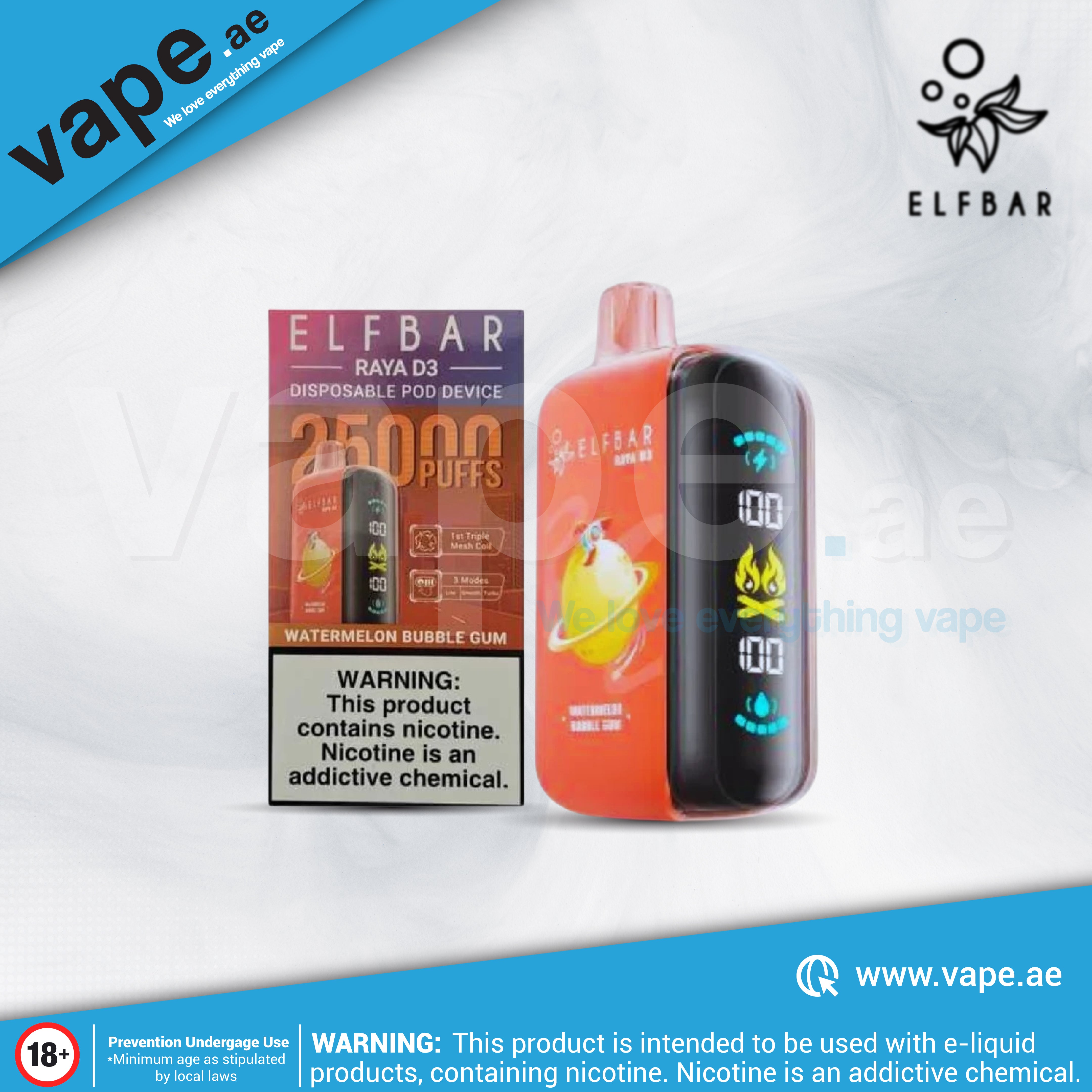 Watermelon Bubblegum 50mg 25,000 Puffs By Elf Bar D3 – Vape.ae