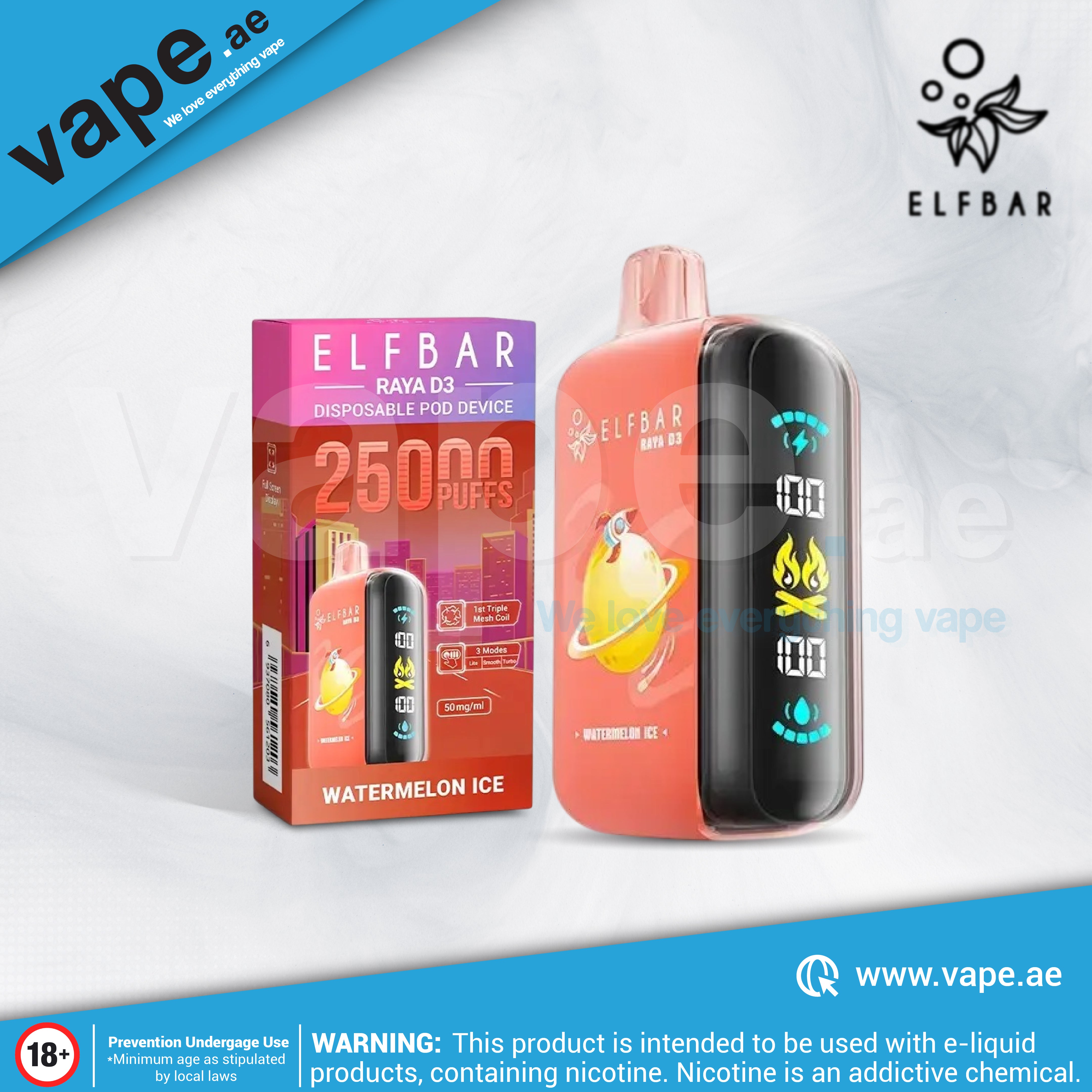 Watermelon Ice 50mg 25,000 Puffs By Elf Bar D3 – Vape.ae